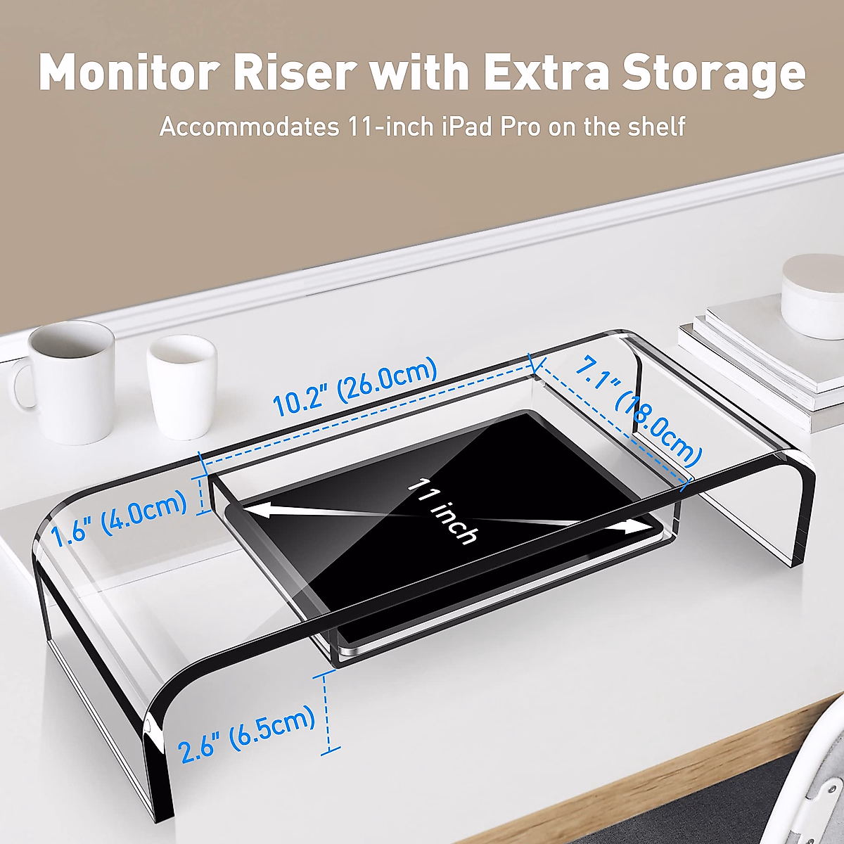 DeskLogics Computer Acrylic Monitor Stand Riser with Storage - Larger Size Single Clear PC Desktop Monitor Holder for Desk, Keyboard Storage, Laptop, TV Screen, Home, Office, Gift Ideas