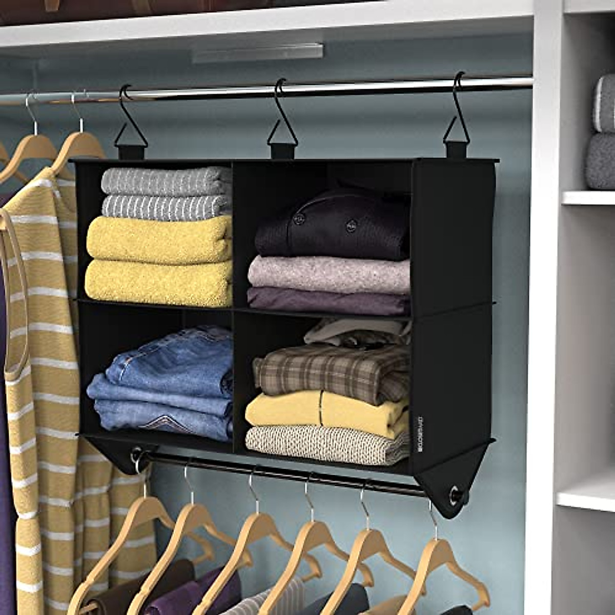 ClosetMaid 4-Shelf Fabric Hanging Closet Organizer with Garment Rod for Shirts, Sweaters, Pants, Hats, Shoes, Purses with Charcoal Black Finish