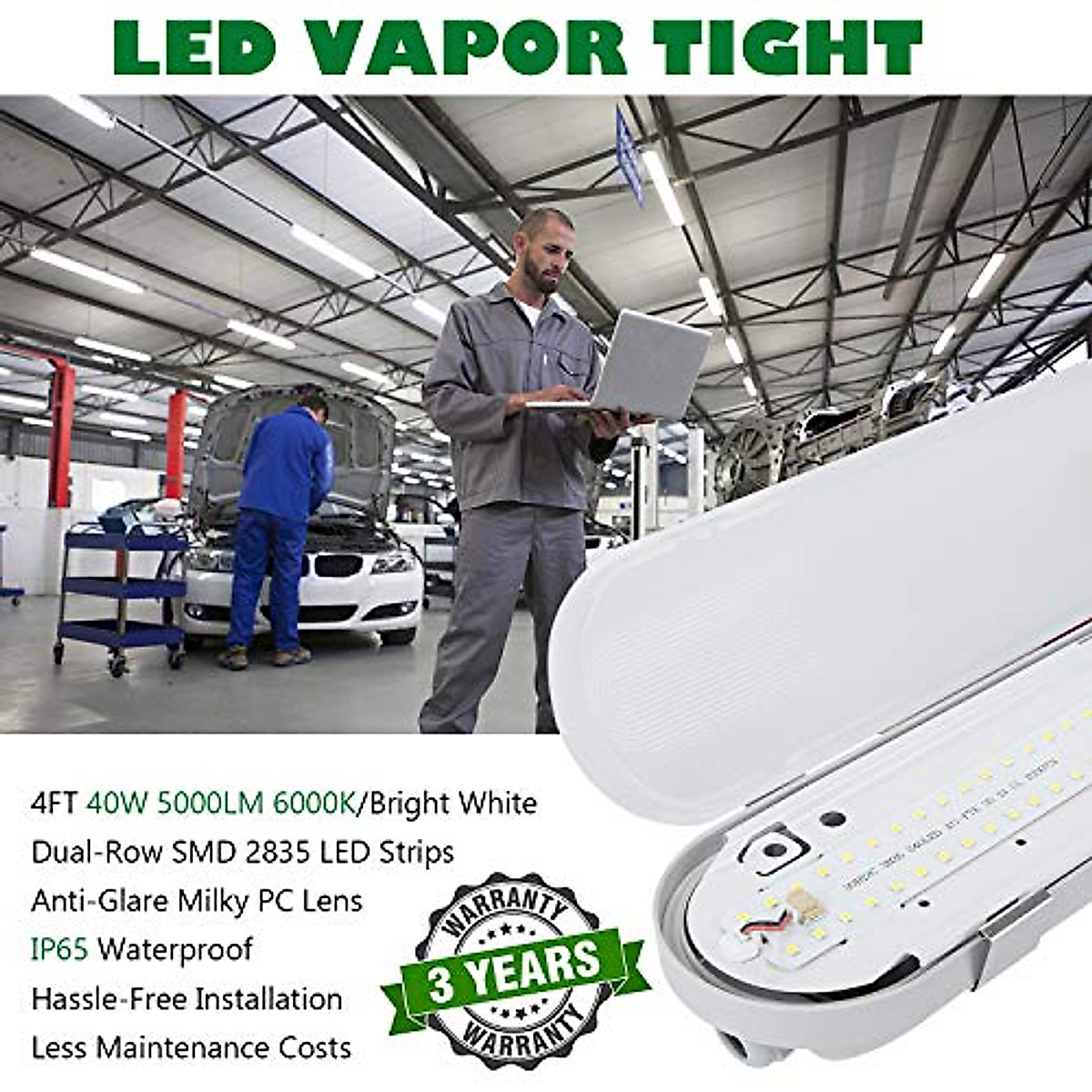 BRILLIHOOD LED Vapor Tight 4FT Light Fixture, 40W, 5000LM, IP65 Waterproof Shop Light, 6000K Bright White, Milky Lens, Outdoor Vapor Proof Lighting, 4-Pack