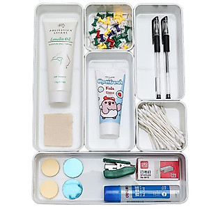 RAUVOLFIA Plastic Drawer Organizer Set, Bathroom Vanity Drawer Organizer Trays Dividers, Versatile Storage Bins for Makeup, Jewelry and Office, Desk, Bathroom, Bedroom, Kitchen (White-6 Pack)