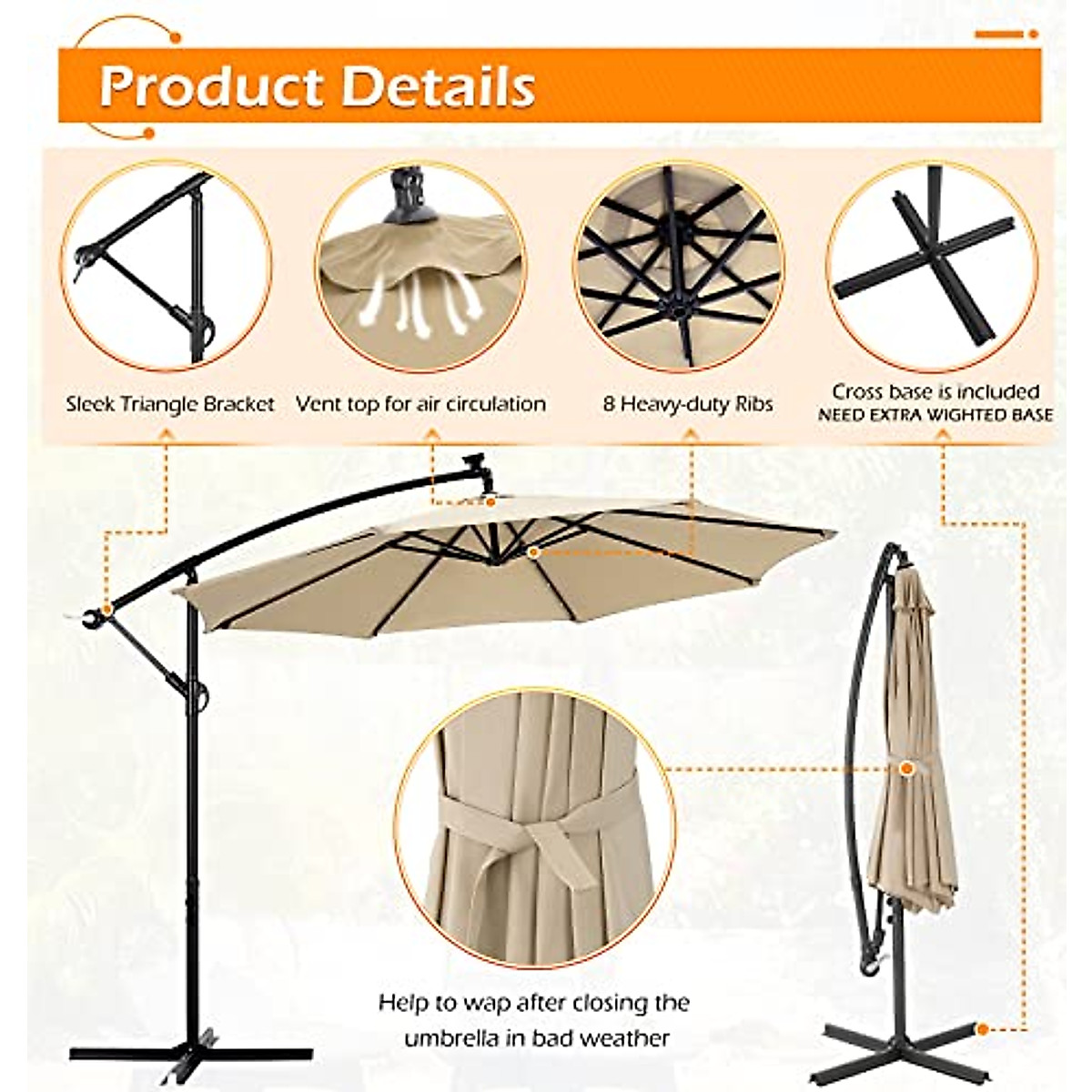 AECOJOY 10FT Patio Outdoor Umbrella with Solar Powered LED Hanging Offset Umbrella with Cross Base, 24 LED Lights for Backyard, Beige