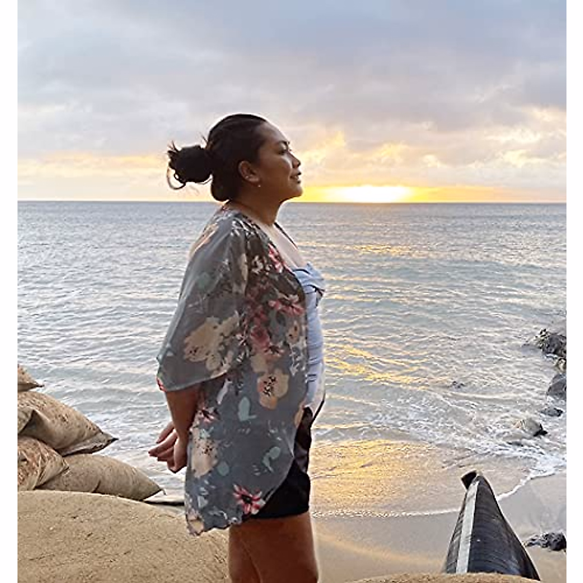 Women's Floral Print Puff Sleeve Kimono Cardigan Loose Cover Up Casual Blouse Tops(Dark Grey,L)