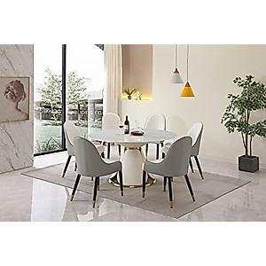 HomSof Modern Sintered Stone Round Dining Table Set with Stainless Steel Base with 6 pcs Chairs, 7 Pieces, White+Grey