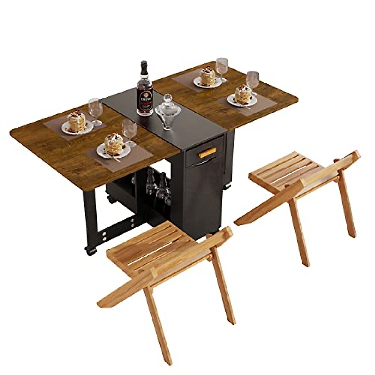 HSSZXFR Folding Dining Table with 2 Chairs, Space Saving Dining Table Folding Dining Table with Storage Drawer Drop Leaf Table Extension Dinner Table for Kitchen,Dining/Living Room,Office,Patio Party