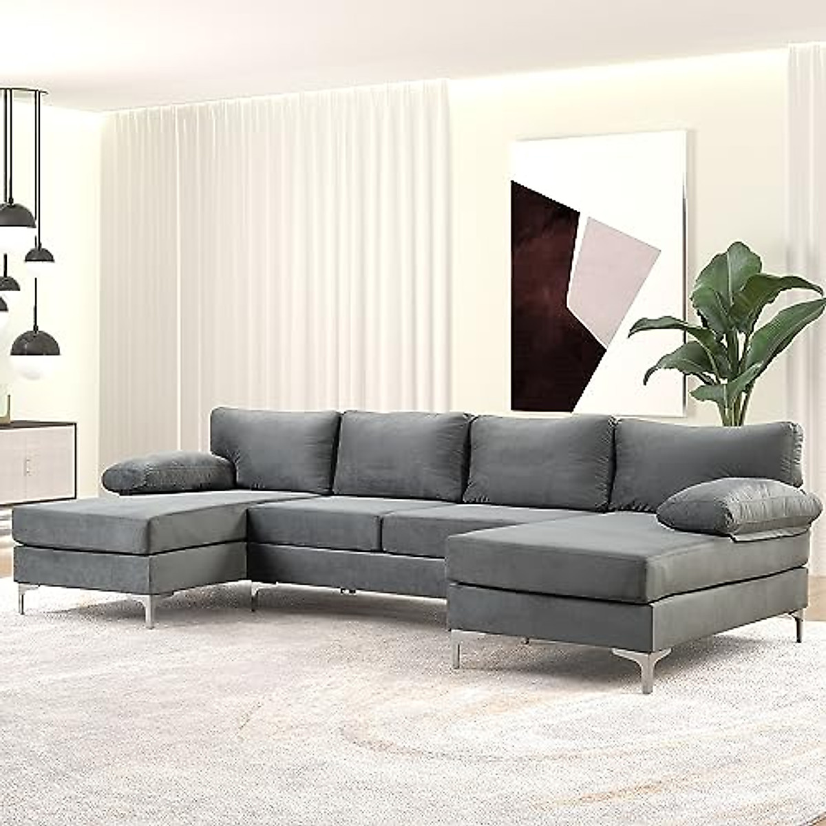 Casa AndreaMilano Modern Large Velvet Fabric U-Shape Sectional Sofa, Double Extra Wide Chaise Lounge Couch