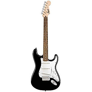 Squier Stratocaster Electric Guitar Pack, with 2-Year Warranty, Black, with Gig Bag, Frontman 10G, and accessories