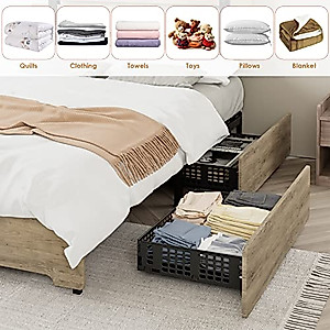 Queen Size Bed Frame with 4 Storage Drawers Modern Industrial Headboard and Footboard, Metal Platform Bed Frame 12 Wood Slats Strong Mattress Foundation No Box Spring Needed Noise-Free, Grayish Brown