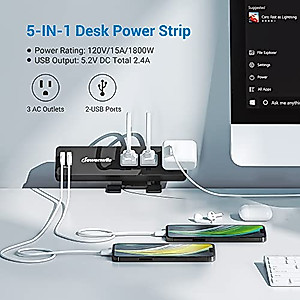 DEWENWILS Desk Clamp Power Strip, Desktop Power Station with 3 AC Outlets(15A/1800W), 2 USB Ports, Desk Mount Power Outlet for Home, Office, 6Ft 14/3C SJT Extension Cord