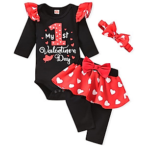 HINTINA Infant Baby Girl My First Valentine's Day Outfits Ruffles Long Sleeve Romper Heart Pants Headband Clothes Set(Black, 3-6M
