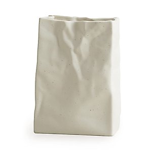Crinkle Paper Bag Shape Ceramic Vase, Large Capacity for Flower Arrangement, Bookshelf Decorative (Matte Crème)
