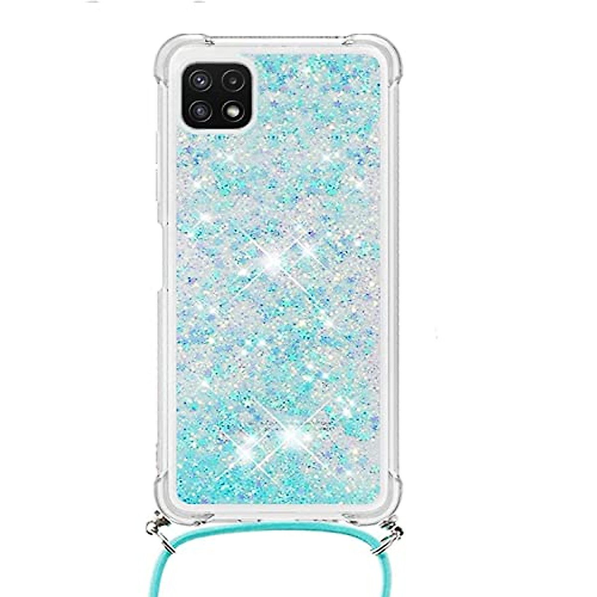 HOUSON for Samsung Galaxy A22 5G Case, Moving Liquid Holographic Sparkle Glitter Case with Crossbody Lanyard Strap, Girls Women Bling Diamond Ring Slim Protective Case for Galaxy A22 5G Blue