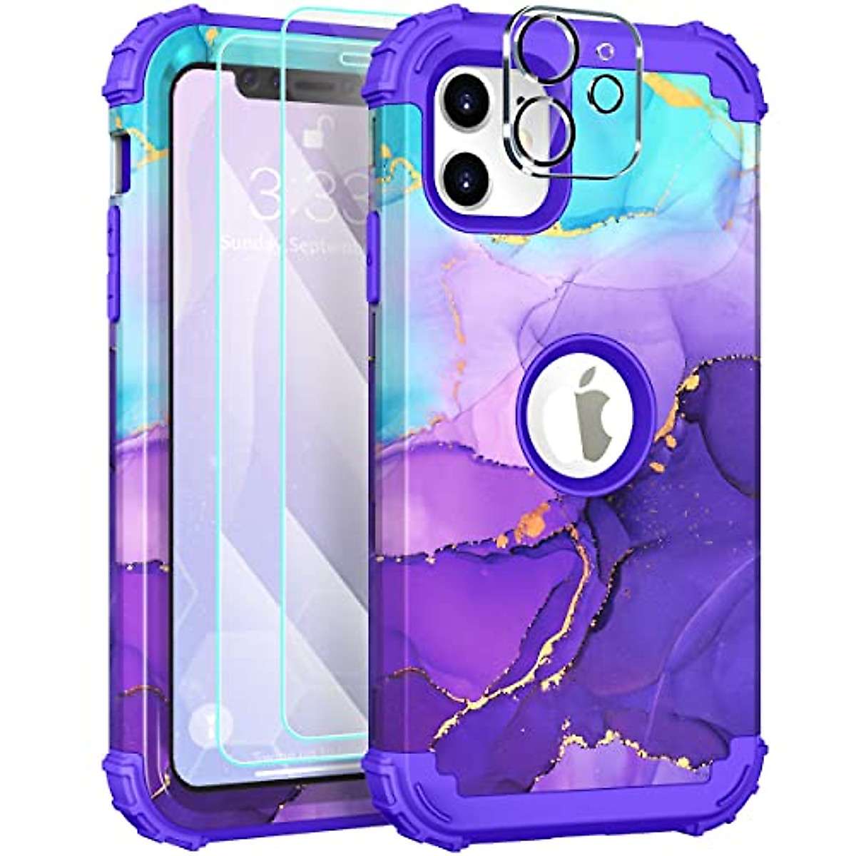 ZHOGTNEG for iPhone 11 6.1 inch case with 2pcs Tempered Screen Protector+1Pcs Len Camara Protector, Heavy Duty Shockproof Full-Body Protective Sturdy Hybrid Marble Case for Women,Girls,Kids