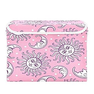 Kigai Storage Basket Pink Sun Moon Storage Boxes with Lids and Handle, Large Storage Cube Bin Collapsible for Shelves Closet Bedroom Living Room, 16.5x12.6x11.8 In