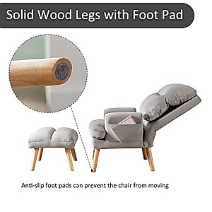 INZOY Accent Chairs with Ottoman, Velvet Fabric Armchair with Ottoman for Bedroom Living Room, Mid Century Modern Chair with Adjustable Backrest and Side Pockets, Grey