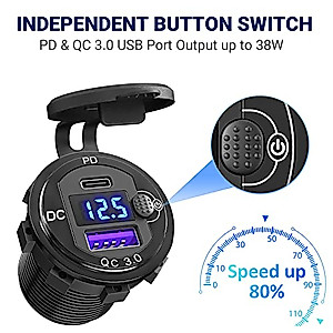 Cigarette Lighter Socket 12 Volt USB Outlet: PD 20W USB C and QC3.0 Car USB Port Aluminum Metal 12V Plug, 150W Car Charger USB Socket Panel with Power Switch LED Voltmeter for Marine Boat RV Golf Cart