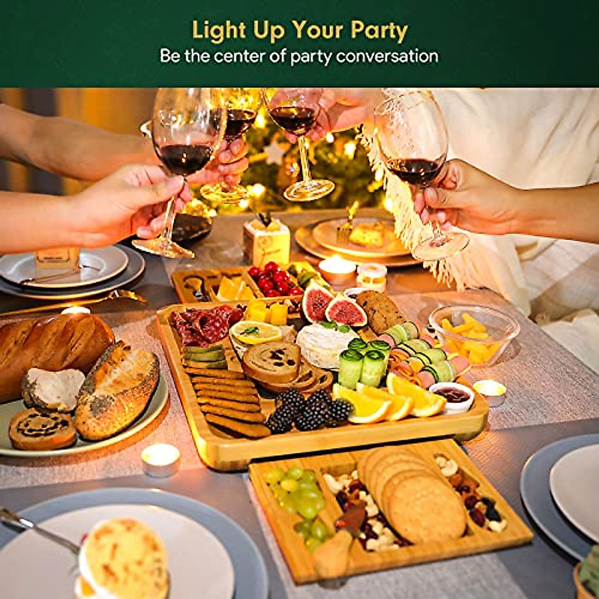 Easoger Large Charcuterie Board (28"×13"×1.6") with 2 Drawers, Bamboo Cheese Board with Knife Set, 2 Ceramic Bowl, Cutting Protection Natural Slate and Non-slip Feet, ideal for Housewarming Gift