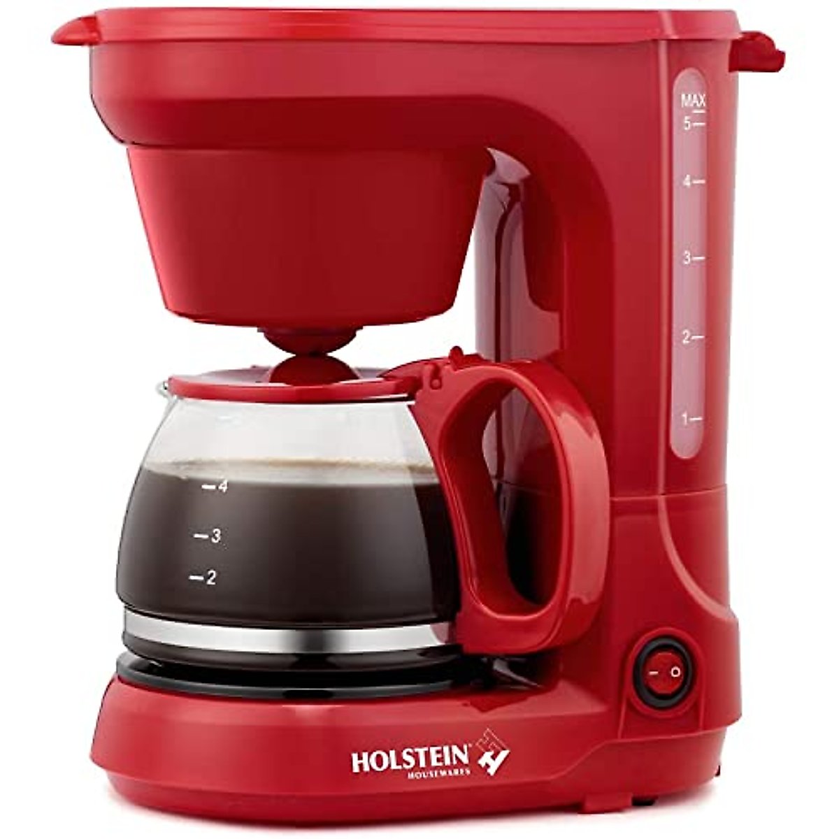 Holstein Housewares - 5 Cup Drip Coffee Maker - Convenient and User Friendly with Permanent Filter, Borosilicate Glass Carafe, Water Level Indicator, Auto Pause/Serve and Keep Warm Functions, Red