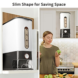 Komzon Rice Dispenser 26.5 Lbs, Rice Storage Container with Measuring Cup, BPA-Free Airtight Household Cereal Dispenser Bucket with Time Scale, Rice Bin for Rice Grain and Kitchen Pantry Organization