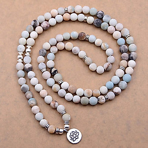 108 Natural Beads Mala Yoga Bracelet with Lotus Charm (Amzonite)