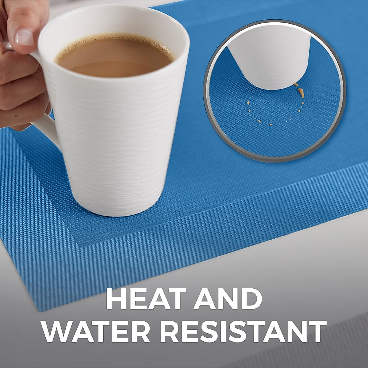 Home Genie Heat Resistant Placemats Set of 6, Dining Room Table Mats, Protect Surfaces, Woven Placemat Setting for Dinner, Washable Vinyl Food Grade Mat, Kitchen Decor Accessories, Size 18x12, Blue