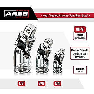 ARES 70197-3-Piece Universal Joint Socket Set - Includes 1/4-Inch, 3/8-Inch, and 1/2-Inch Drive U-Joints - Storage Rail Included