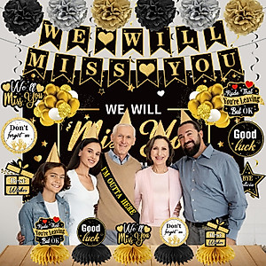 Turypaty Retirement Party Decorations Supplies for Men Women, 45PCS Black Gold Farewell Decorations, We Will Miss You Banner Backdrop Table Toppers Hanging swirls Pompoms Going Away Party Decorations