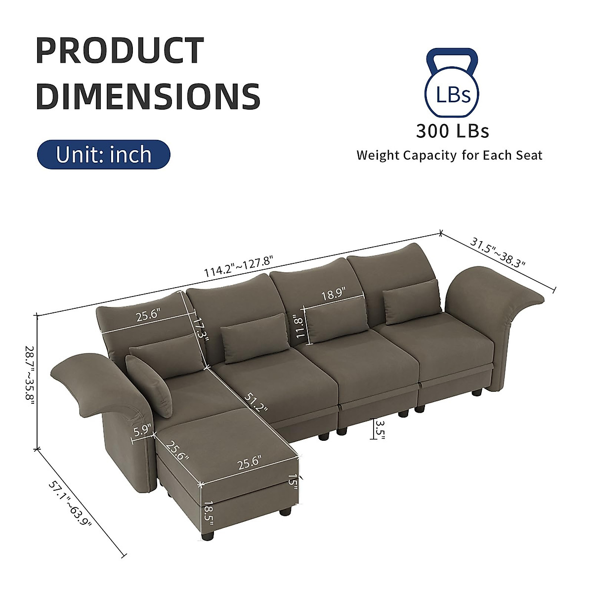 LLappuil Velvet Modular Sectional Sofa L Shaped Corner Couch with Storage, 127.8" 5-Seater Modern Sofa with Chaise, High Back Recliner Sleeper Couches, Anti-Scratch Brown