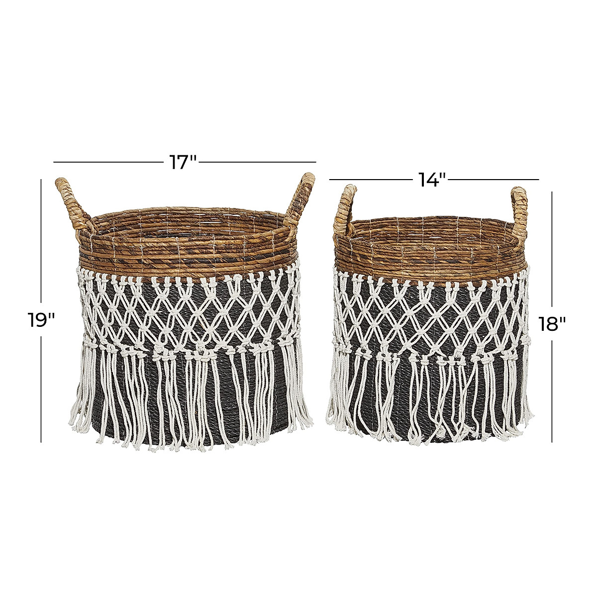 Set of 2 Black Banana Leaf Bohemian Storage Basket 19", 18"H