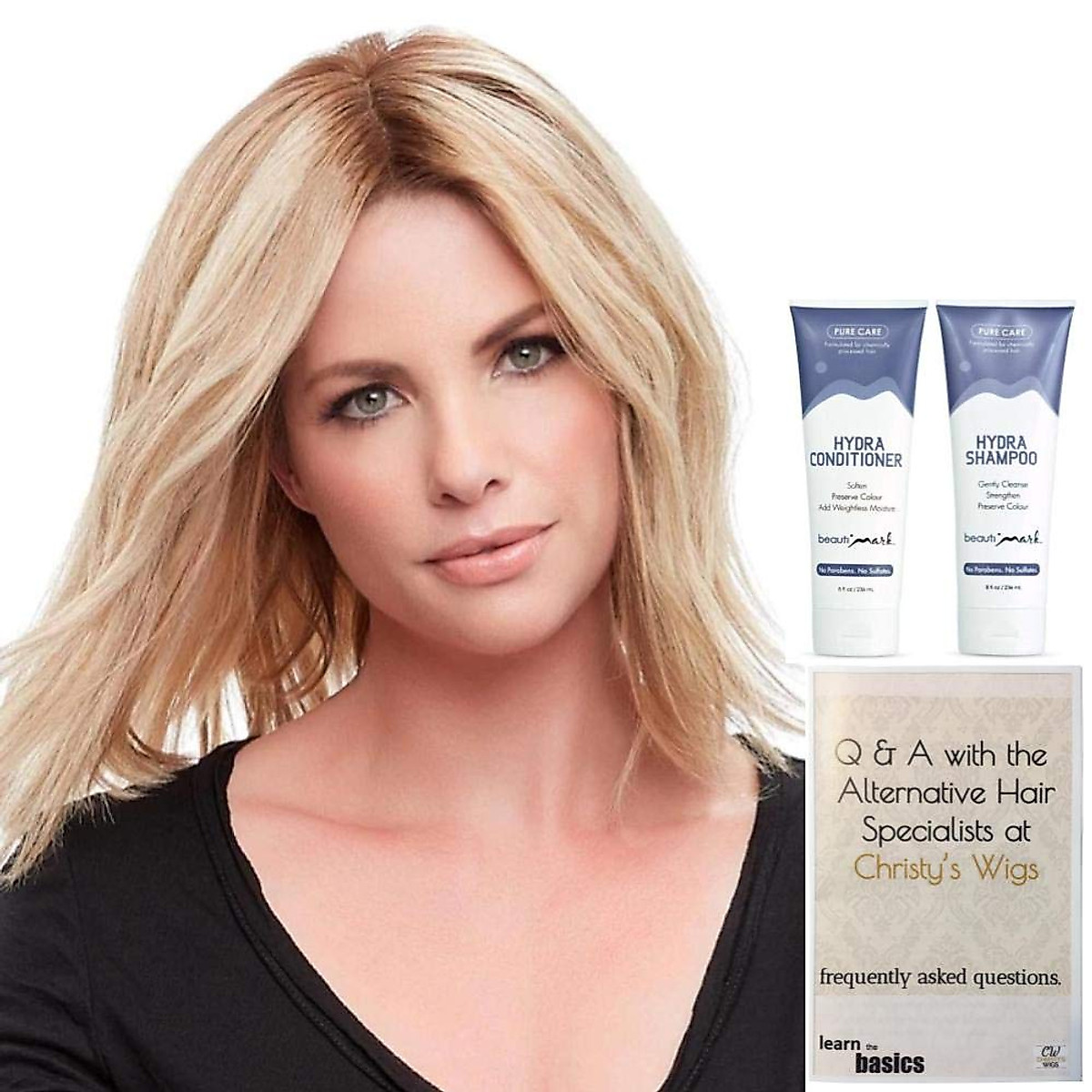Bundle - 4 Items: 12" Top Form French Exclusive Colors Remy Human Hair Topper by Jon Renau, Christy's Wigs Q & A Booklet, BeautiMark Hydra Shampoo & Hydra Conditioner - Color: 8RN