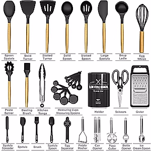 Kitchen Utensils Set- 34PCS Silicone Cooking Utensils with Holder, Umite Chef Heat Resistant Kitchen Utensil Spatula Set for Nonstick Cookware, Black Wooden Handles Kitchen Gadgets Tools Set
