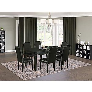 EAST WEST FURNITURE 7Pc Rectangular 42/60 inch Dinette Table With 18 In Leaf And 6 Parson Chair With Black Leg And Pu Leather Color Black.