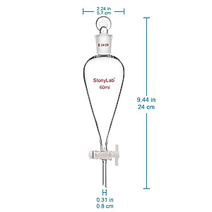 StonyLab PTFE Stopcock Separatory Funnel 60ml, Borosilicate Glass Heavy Wall Conical Pear-Shaped Separatory Funnel Separation Funnel with 24/29 Joint