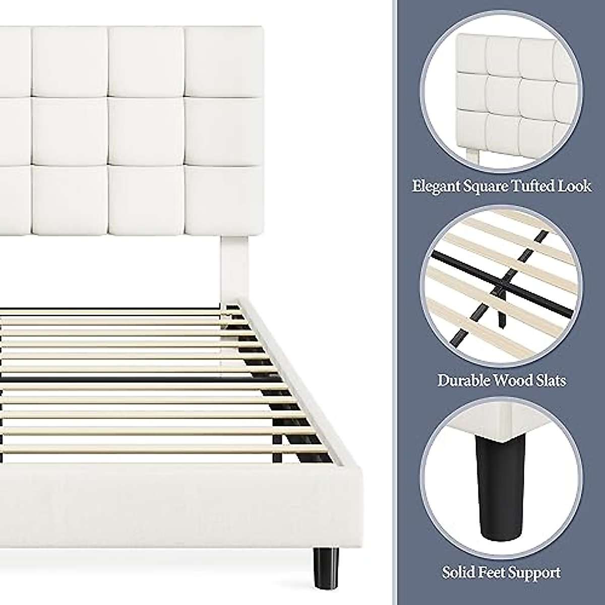 Yaheetech Queen Upholstered Bed Frame, Platform Bed Frame with Square Tufted Fabric Headboard Height Adjustable, Wooden Slats Support, No Box Spring Needed, Beige