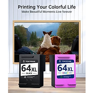 64XL Ink Cartridge Combo Pack Remanufactured Compatible for HP Ink 64 Ink,Work with Envy Photo 7855 7858 7155 7120 6252 6255 7120, 6200/7100/ 7800/ Tango X Series Printer (1*Black,1*Tri-Color)