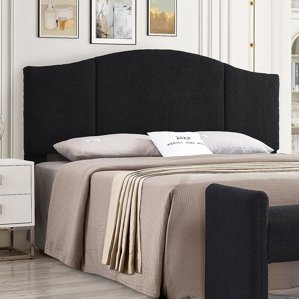 24KF Middle Century Upholstered Foldable Headboard King Headboard,Modern Boucle Teddy Fabric Headboard King/California King headboard 6033-K-Black