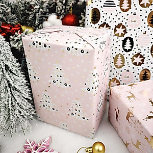 LDGOOAEL Mini Short Small Christmas Wrapping Paper Roll with Cut Lines on Reverse (17" X 120" Per Roll) - Pink Gift Wrap with Christmas Deer&Tree Design for Holiday, Birthday, Wedding, Baby Shower
