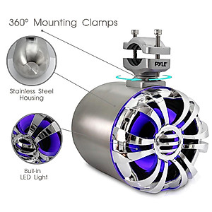 Pyle Marine Speakers - 5.25 Inch Waterproof IP44 Rated Wakeboard Tower and Weather Resistant Outdoor Audio Stereo Sound System with Built-in LED Lights - 1 Pair in Silver (PLMRWB50L)