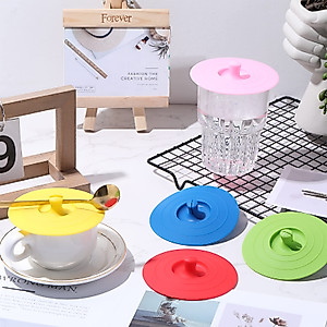 Silicone Cup Lid Mug Cup Cover Hot Drink Cup Lid Seal Airtight Cup Cover with Spoon Holder Design for Glass Cup Coffee Cup, 5 Bright Colors (15 Pieces)