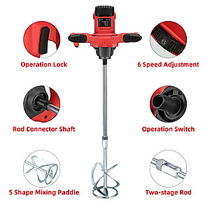 Cement Mixer,2300W Handheld Electric Concrete Mixer with 6 Adjustable Speed, 110V Portable Mud Mixer Paint Mixer for Motar Grout Plaster Thinset Fodder Stirring Tool