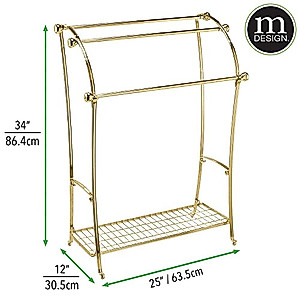 mDesign Large Standing Metal Bathroom Towel Holder Stand with Shelf - 3-Tier Towel Rack Stand for Hanging Bath, Hand, and Fingertip Towels - Towel Stand for Bathroom - Hyde Collection - Soft Brass
