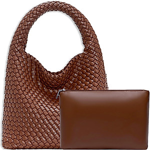 Women Vegan Leather Hand-Woven Tote Handbag Fashion Shoulder Top-handle Bag All-Match Underarm Bag with Purse (Brown)