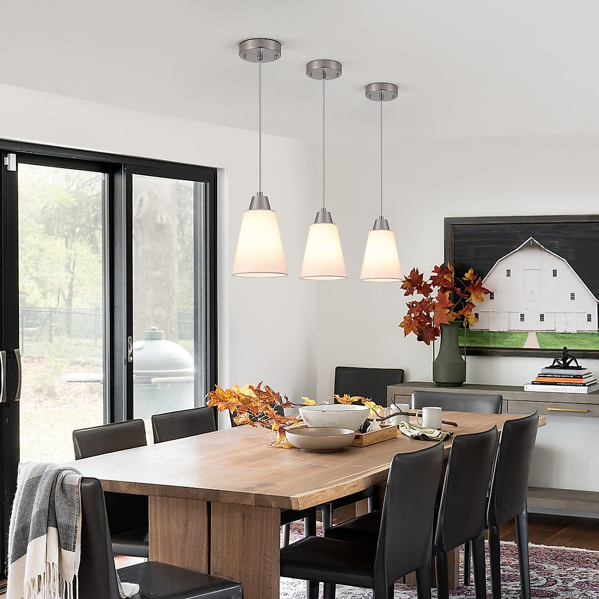 Brushed Nickel Pendant Light Set of 3,Silver Pendant Lights Kitchen Island, Dining Room Lamp Fixtures Over Table with White Fabric Shade, Modern Mini Chandeliers,Adjustable Cord Hanging Lighting