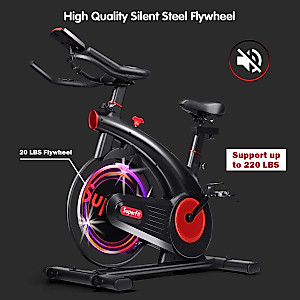 GYMAX Indoor Exercise Cycling Bike, Stationary Bike with 20lbs Steel Flywheel & Heart Rate Monitor, Silent Operation for Home, Gym, Office (Black+Red)