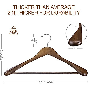 HOUSE DAY Wide Shoulder Wooden Hangers, Suit Hangers with Non Slip Pants Bar, Smooth Finish 360° Swivel Hook Solid Wood Coat Hangers for Dress, Jacket, Pants, Heavy Clothes Hangers 6 Pack (Walnut)