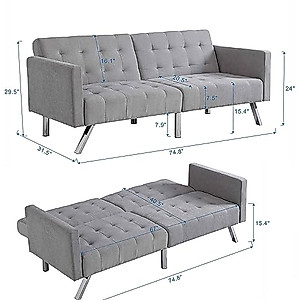 RIDFY 75” Modern Futon Sofa Bed, Convertible Sleeper Couch with Metal Legs/Armrests/Pillows, Folding Upholstered Loveseat, Lounge Sofa, Memory Foam Living Seat for Small Space/Office (Light Grey)