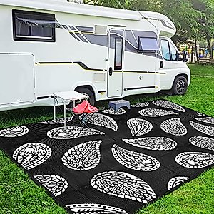 ONME Outdoor Rug RV Mat Recycled 9x12FT Reversible Mats with 8 Corner Loops for Outdoors, Patio, Backyard, Deck, Picnic, Beach, 8 Stakes and Carry Bag Included (Black and White Paisley)