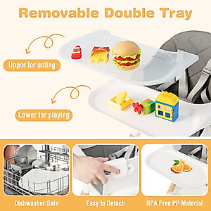 BABY JOY Baby High Chair, 6 in 1 Convertible Wooden High Chair for Babies & Toddlers with Adjustable Legs, Double Removable Tray, Safety Harness & Waterproof PU Cushion (White)