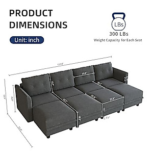 LLappuil Modular Sofa Sectional Sleeper Couch with Reversible Chaise, Oversized 8 Seater Storage Sectionals with Ottoman, Black