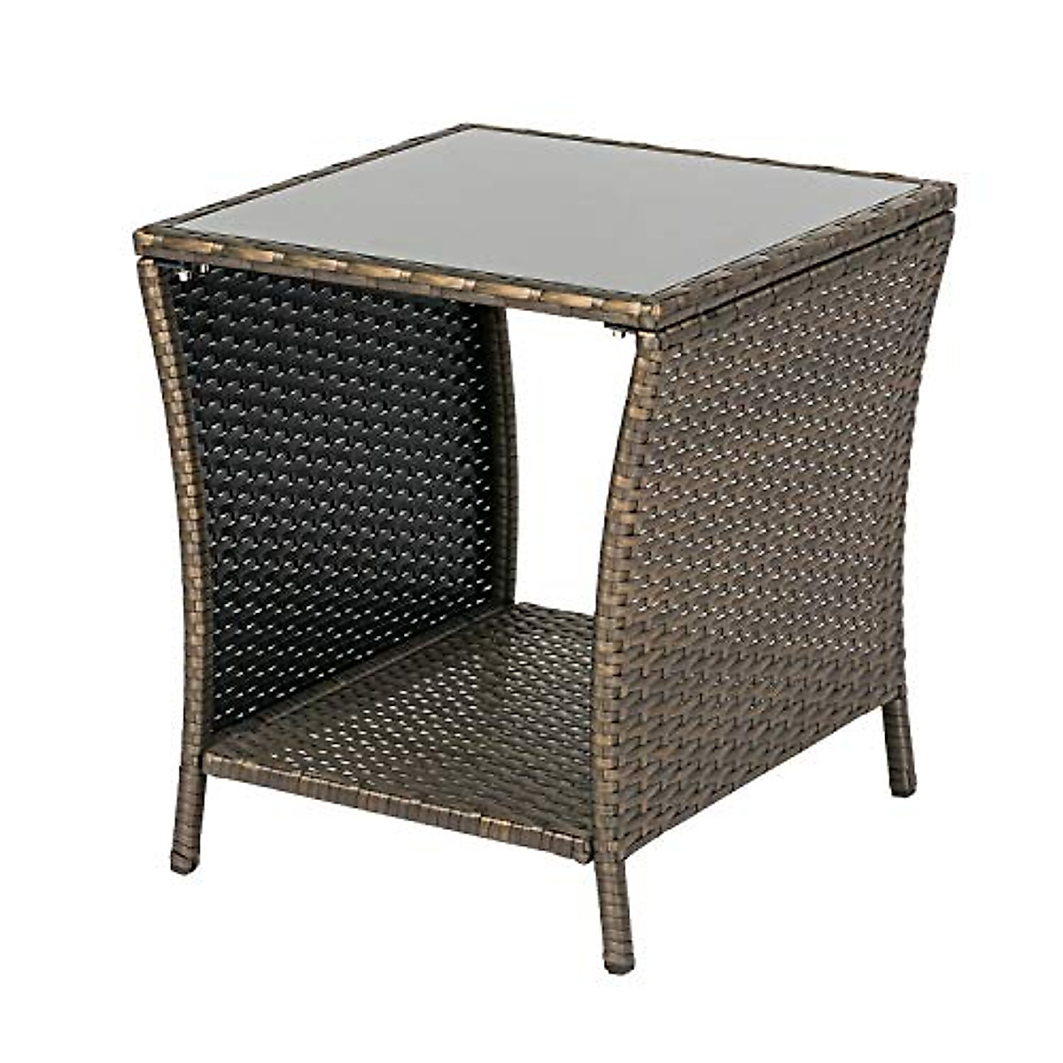 KINTNESS Wicker Rattan Side Table Outdoor End Table Patio Courtyard Coffee Bistro Glass Table with Storage