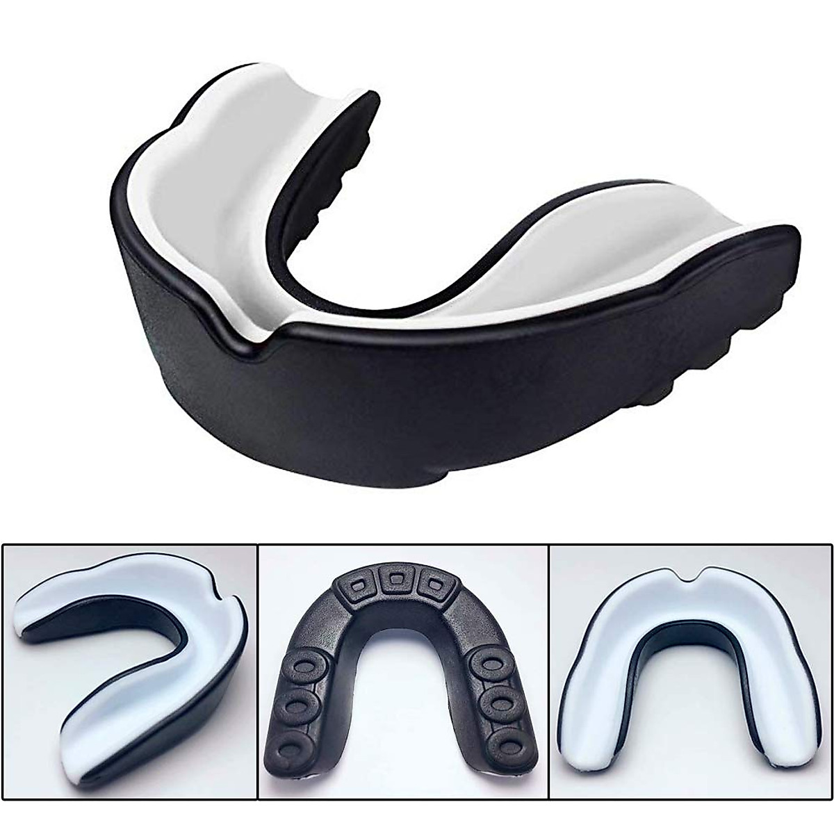 Sports Mouth Guard for Kids Youth/Adults-Mouthguard for Lacrosse, Basketball, Karate, Flag Football, Martial Arts, Rugby, Boxing, MMA, Hockey -Free Carrying Case for Mouthguard(White Black Kids)